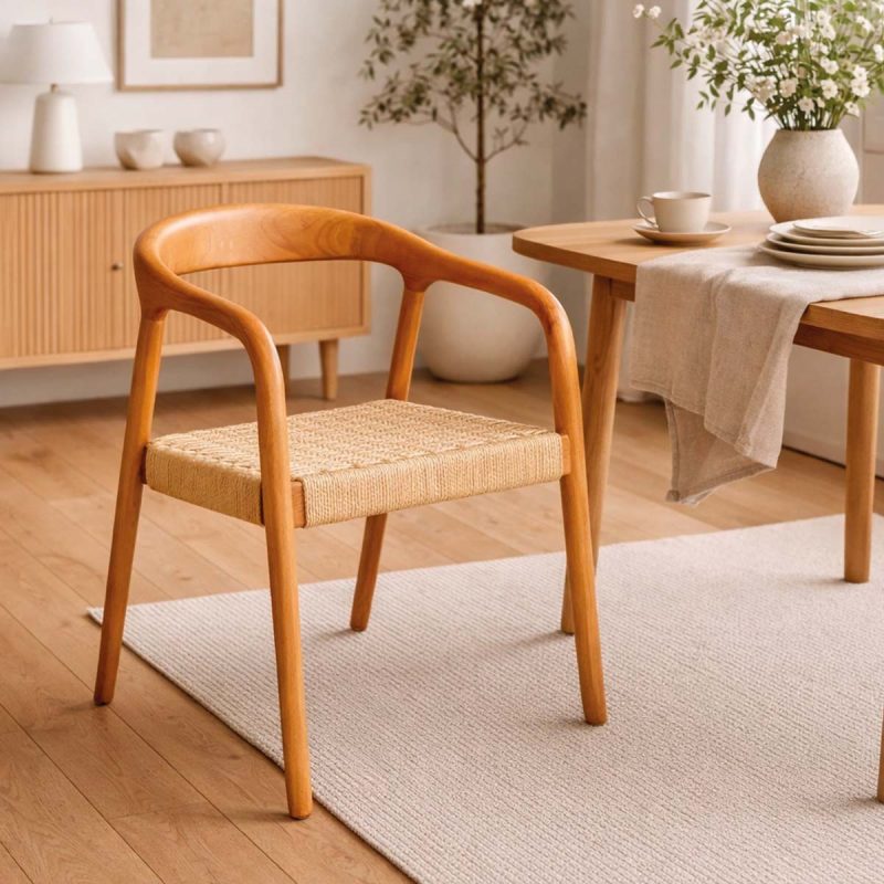 Silla Chloe Madera de Caucho Walnut y Cuerda Natural | NectarDeco.cl