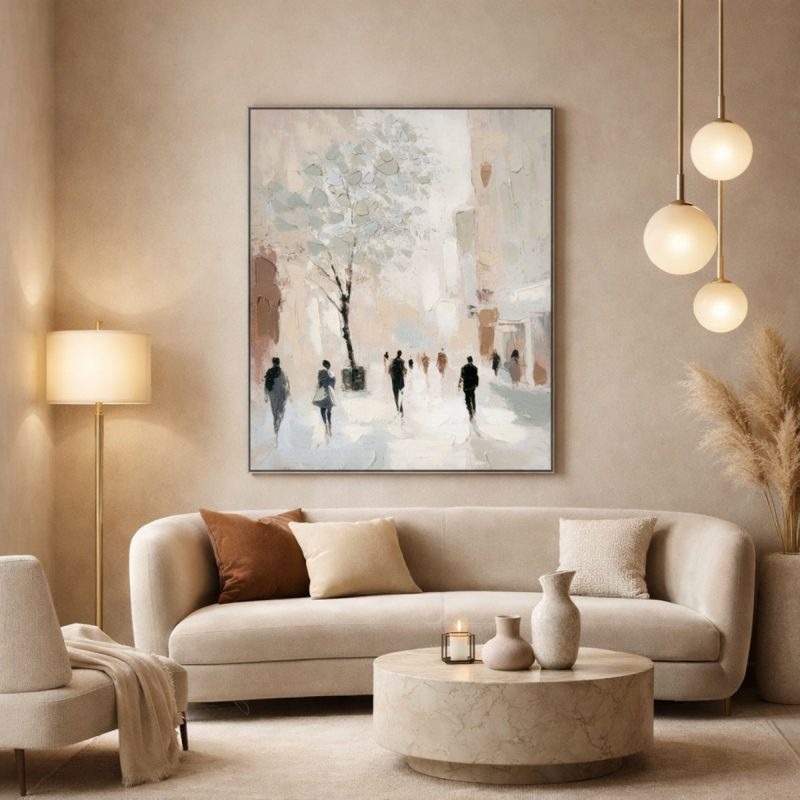 Cuadro El Paseo CANVA HD y pintado a mano Beige/Blanco marco color ...